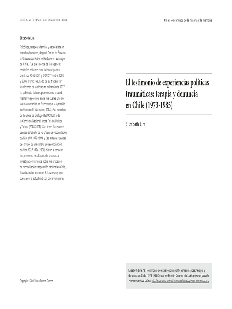 Psicoterapia y Represión Política - Elizabeth Lira | PDF | Trauma ...