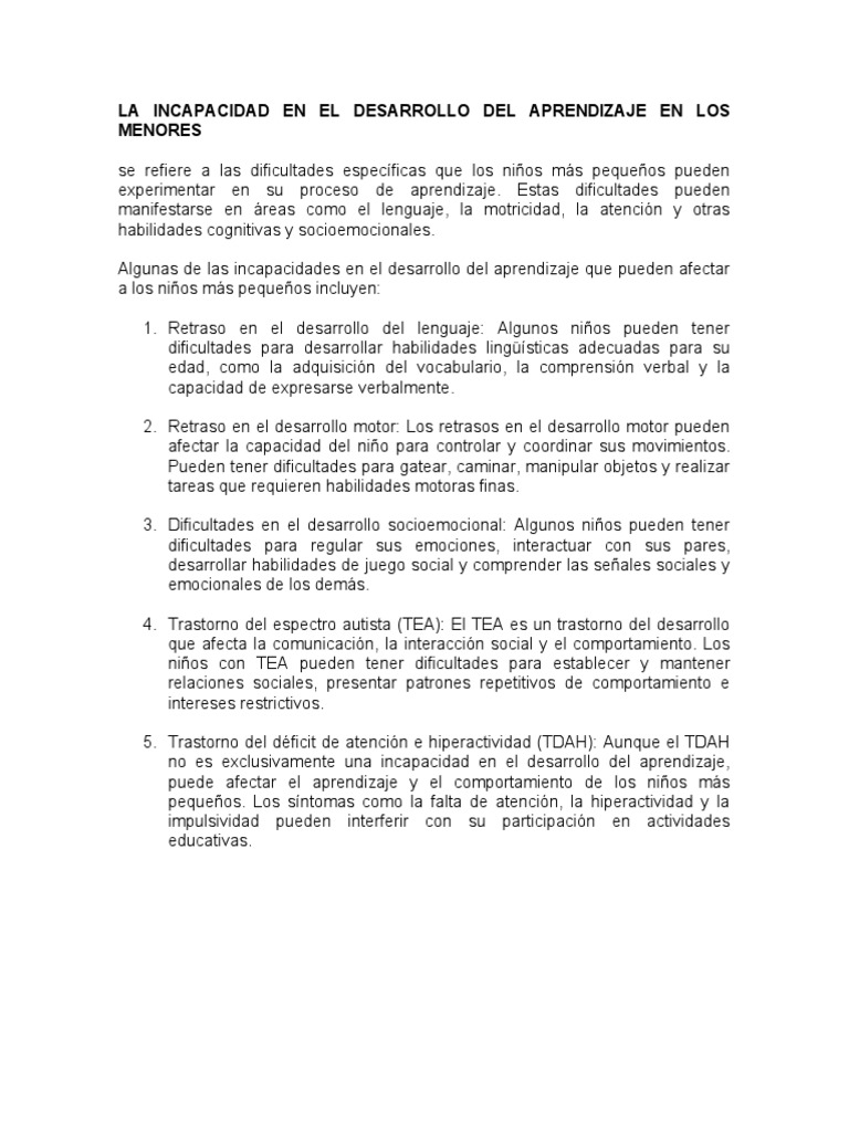 La Incapacidad en El Desarrollo Del Aprendizaje en Los Menores | PDF | Desorden hiperactivo y ...