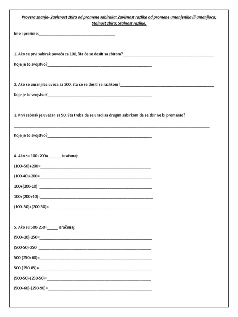 Zavisnost Zbira Od Promene Sabiraka Zavisnost Ralike Od Promene ...