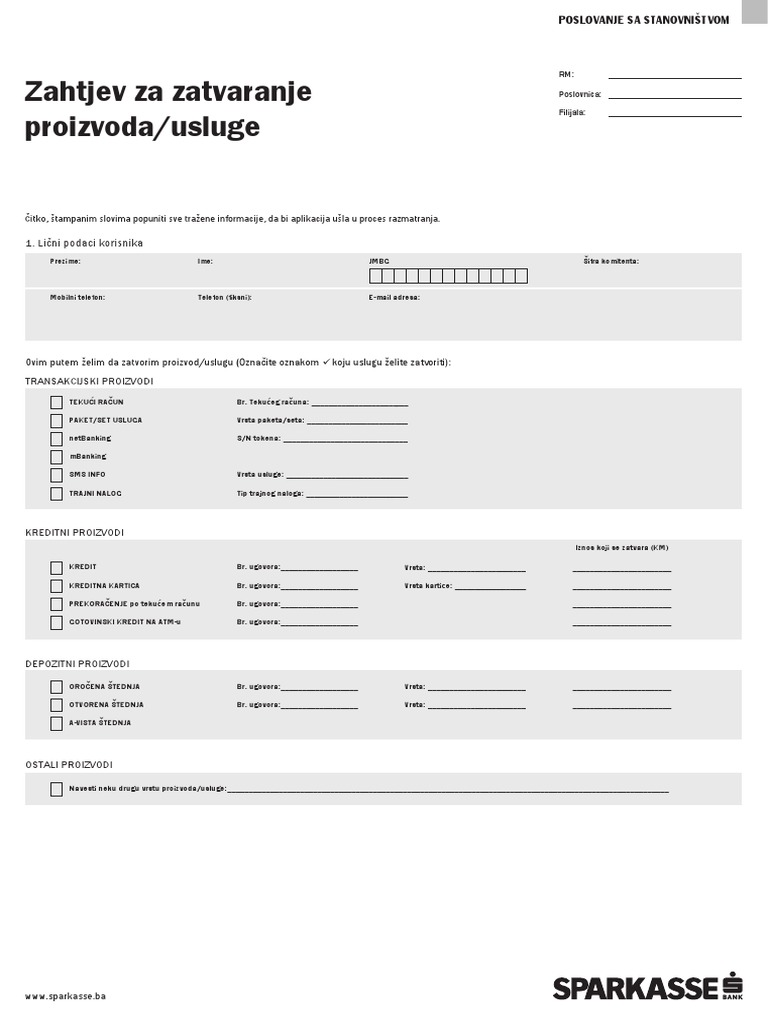 Zahtjev Za Zatvaranje Prozivoda Usluga | PDF