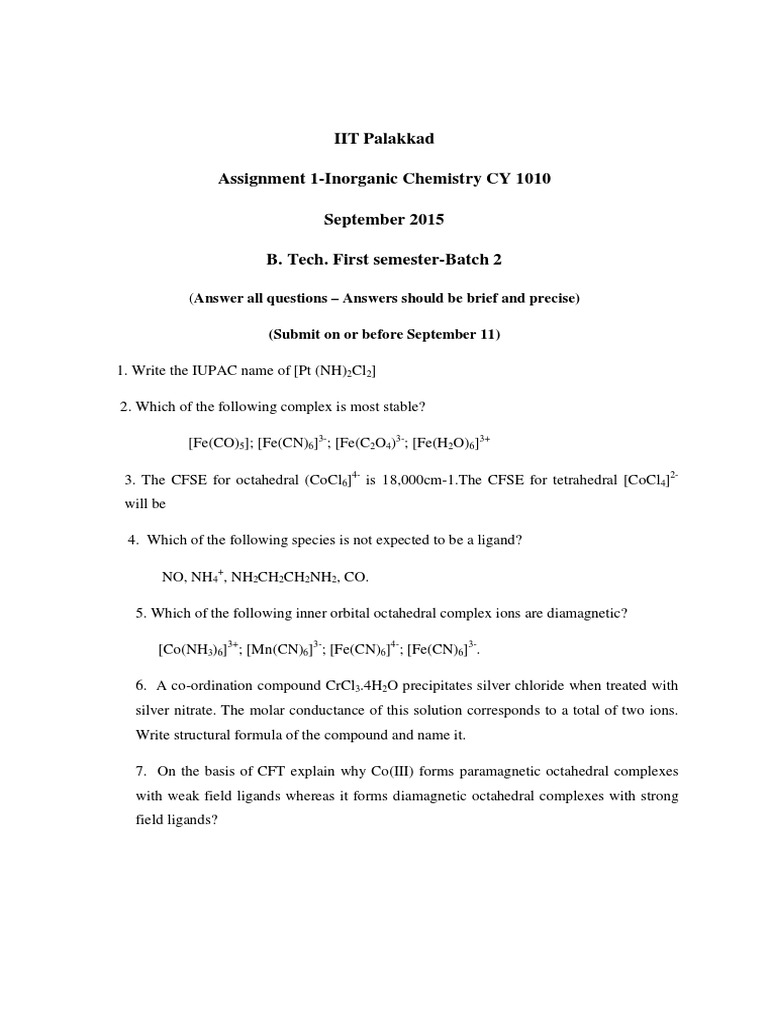 AssignmentI Inorg | PDF | Coordination Complex | Materials