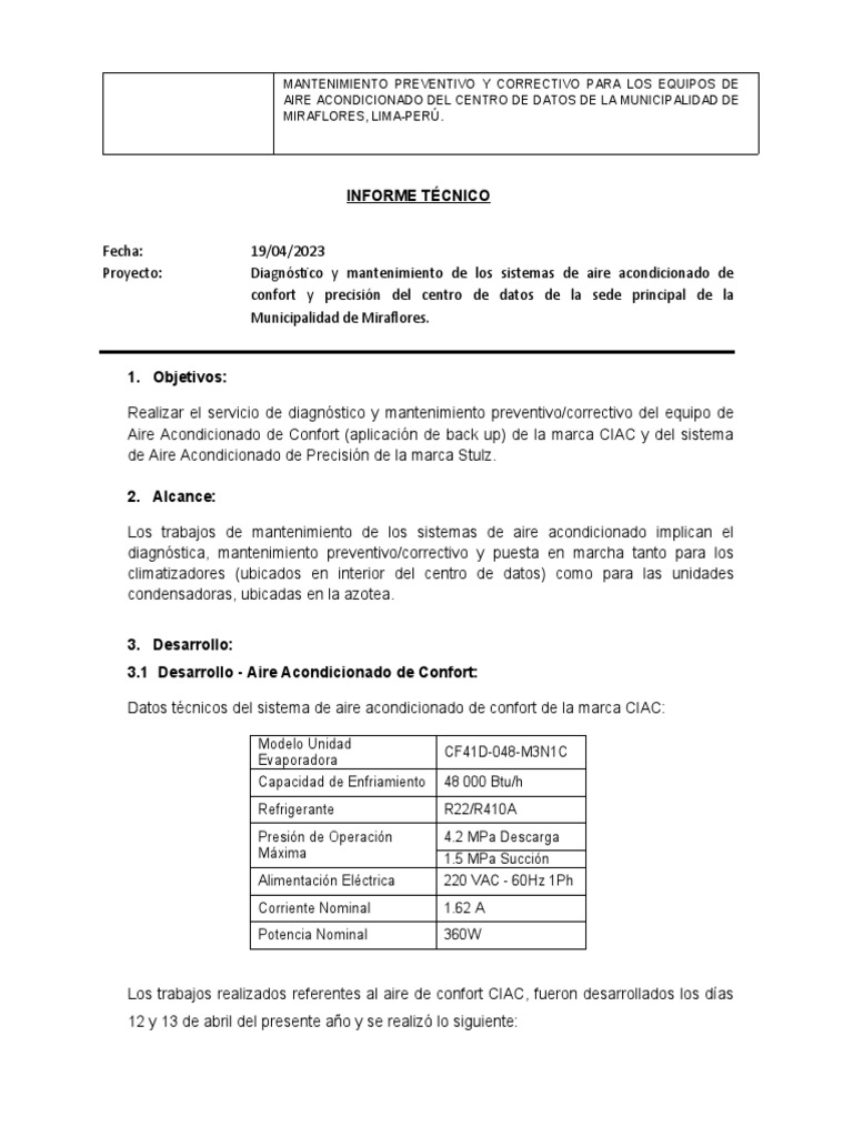 Informe Técnico Mantenimiento AA | PDF | Aire acondicionado | Humedad relativa