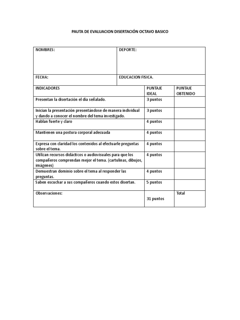 PAUTA DE EVALUACION DISERTACIÓN OCTAVO BASICO | PDF