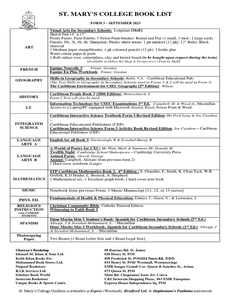 Form 3 Booklist 2023-2024 | PDF
