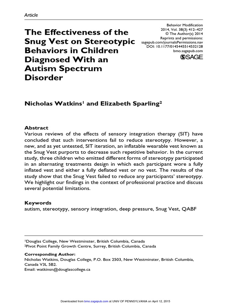 The Effectiveness of The Snug Vest On Stereotypic Behaviors in Children Diagnosed With An Autism ...