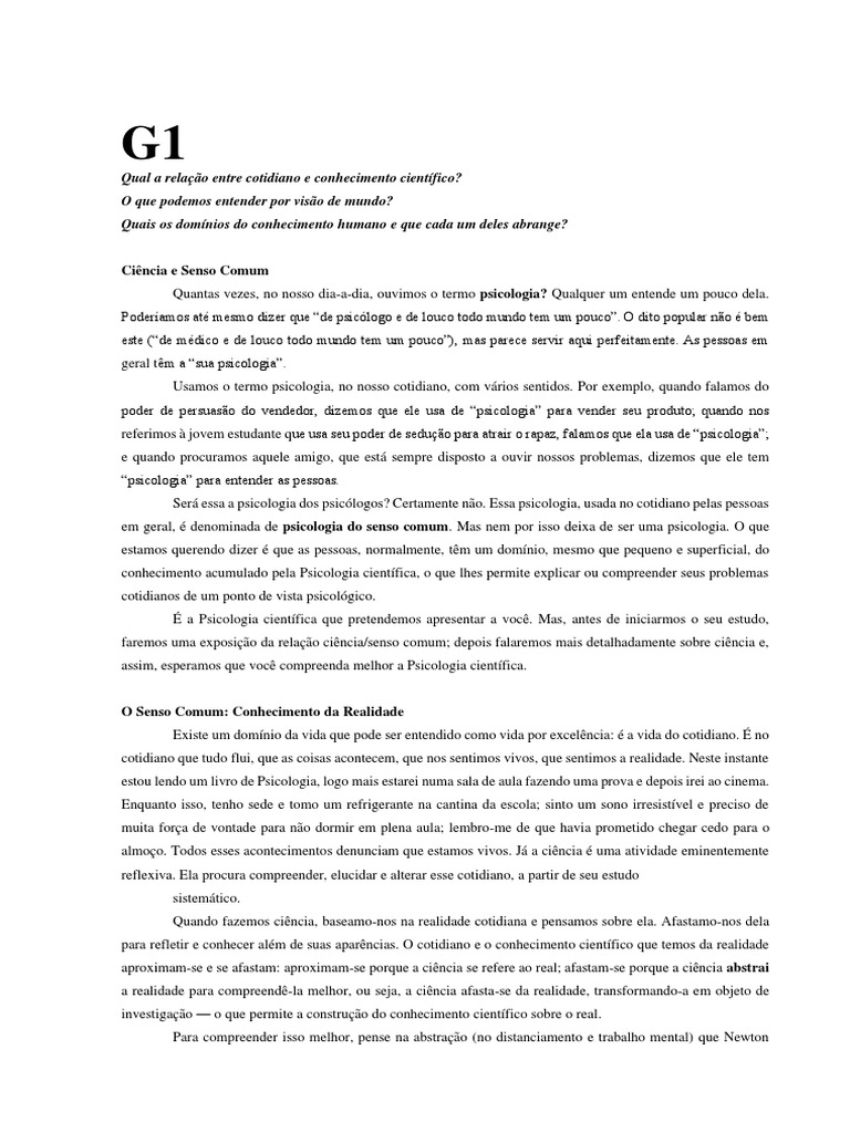Texto 1 - Ciência Senso Comum, Métodos Psicologia e Filosofia | PDF ...