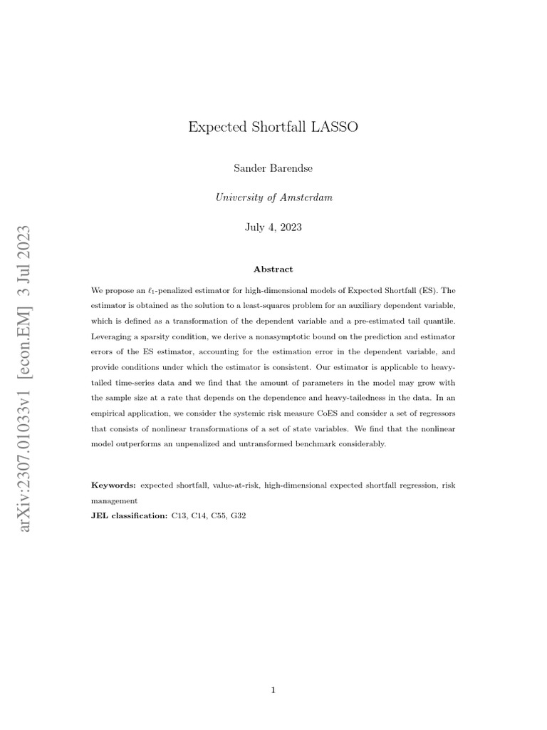 Expected Shortfall LASSO: Sander Barendse | PDF | Ordinary Least ...