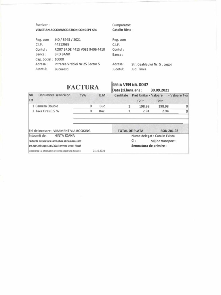 Factura Hotel Bucuresti | PDF