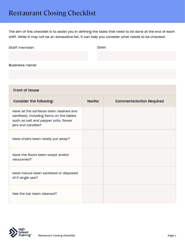 Restaurant Closing Checklist | PDF | Food And Drink Preparation | Food ...