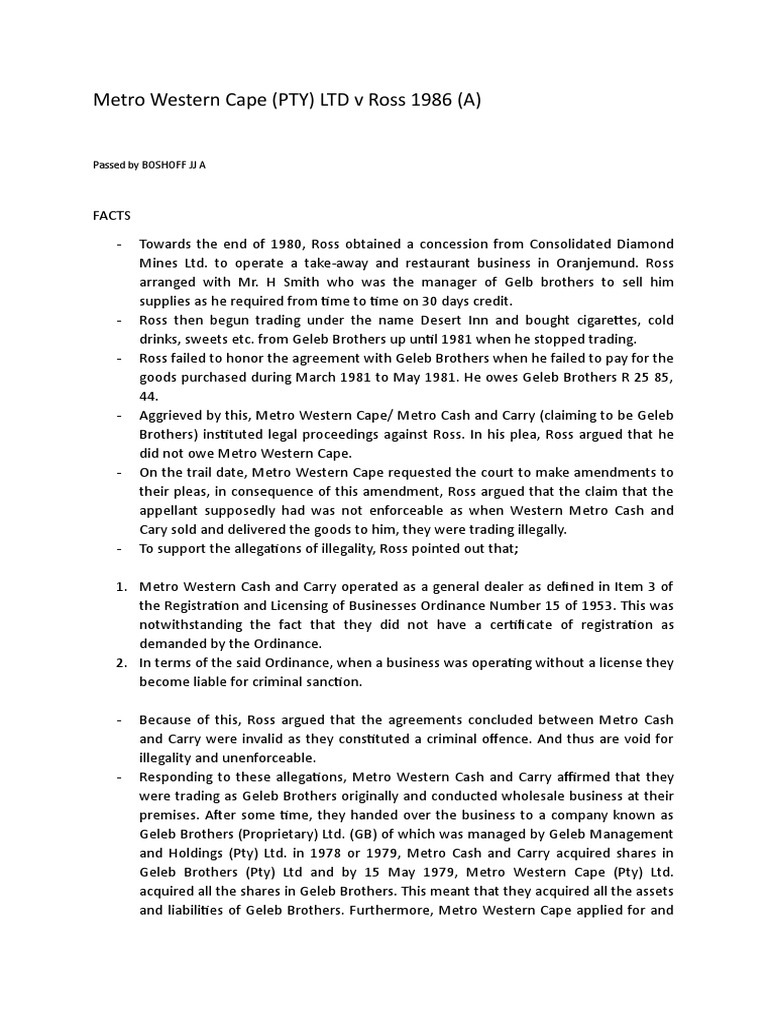 Metro Western Cape v Ross: Contract Validity | PDF | Criminal Law ...