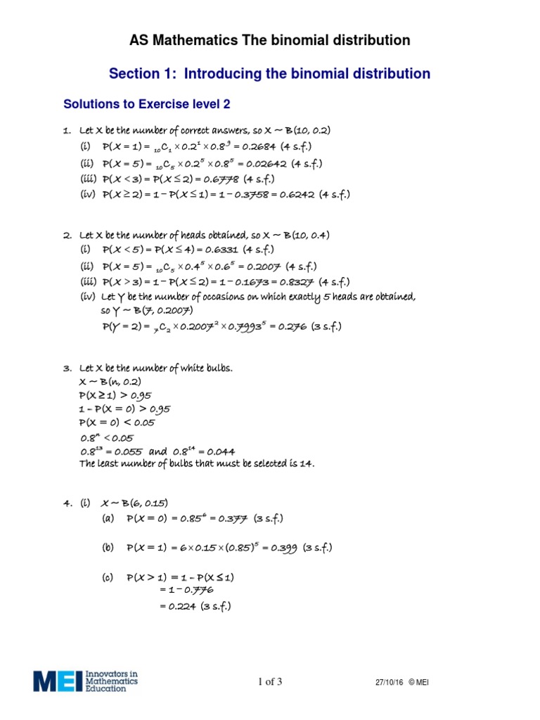 Binomial Distribution Exercise Solutions | PDF | Statistics | Statistical Theory