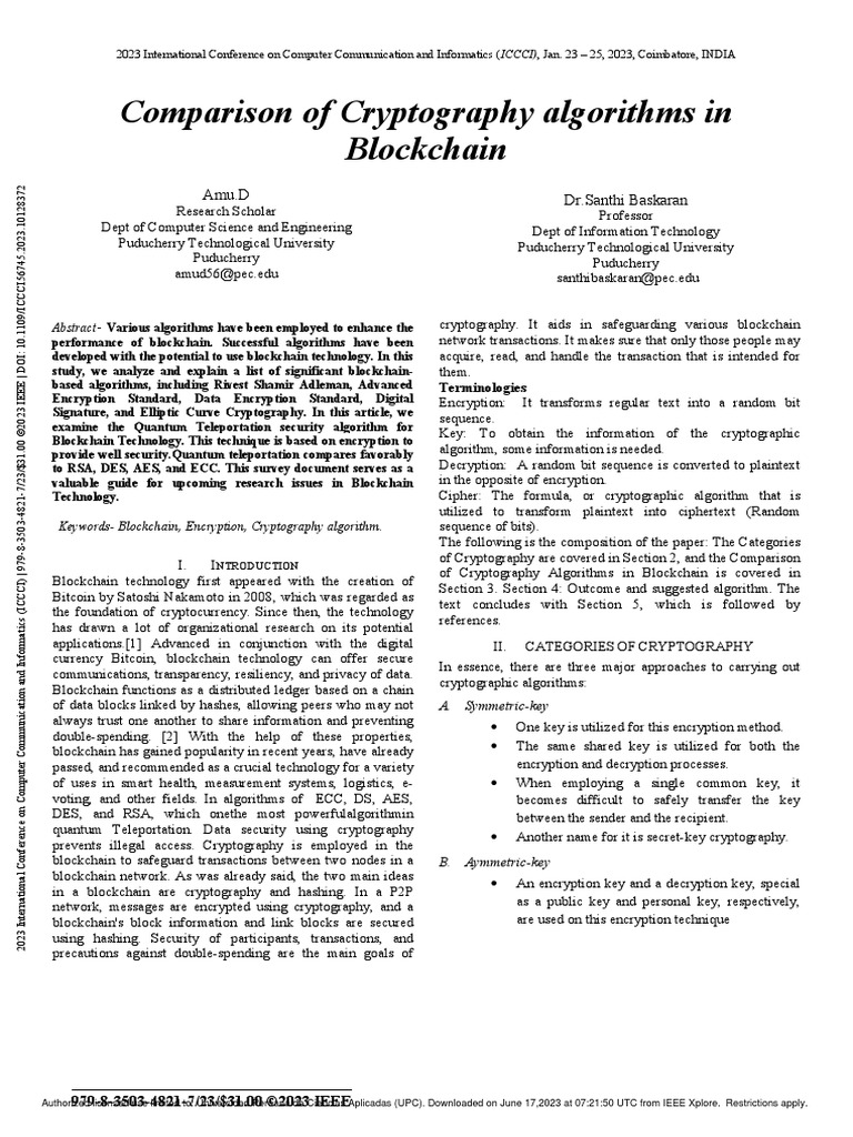 Comparison Of Cryptography Algorithms In Blockchain Pdf Cryptography Encryption