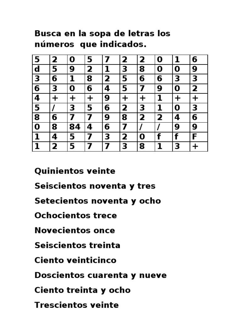 Busca en La Sopa de Letras Los Números Que Indicados