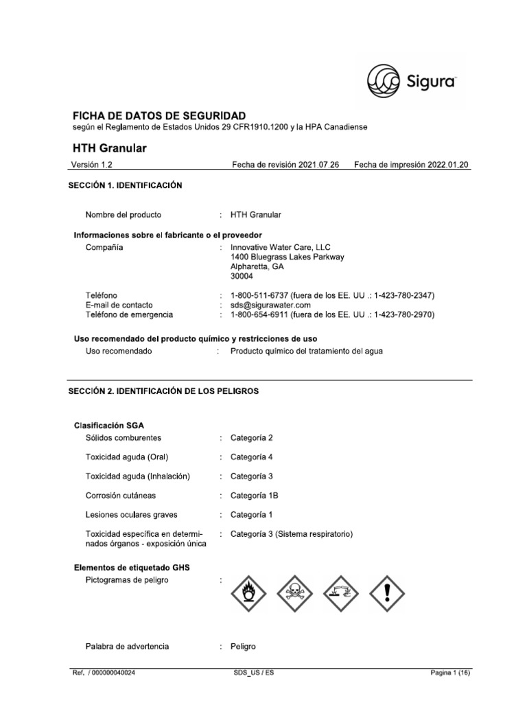 MSDS HTH GRANULAR Solenis - Sigura | PDF
