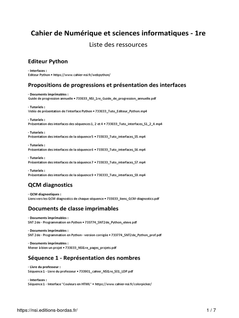 Ressources pour Cahier NSI 1re Python | PDF | Fichier informatique | Internet