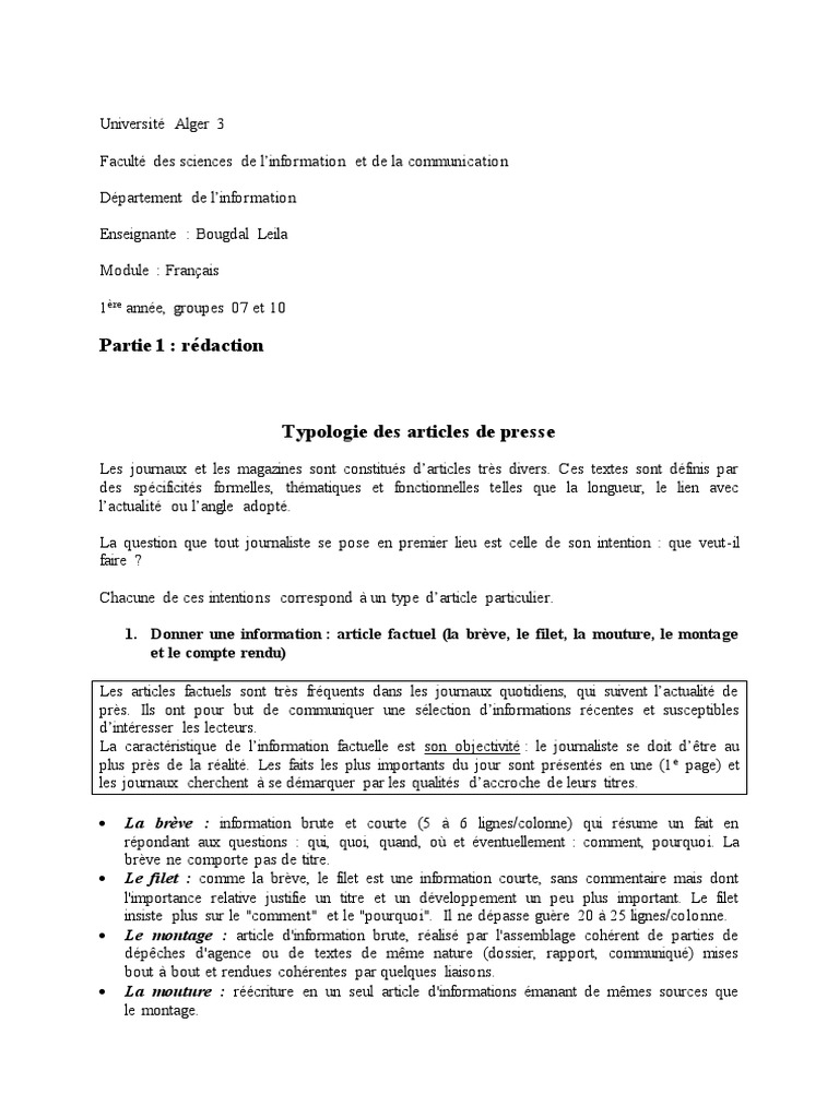 Typologie des articles de presse | PDF | Journalisme | Journaux