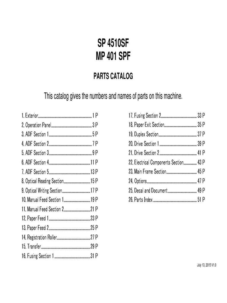 SP 4510SF MP 401 SPF: This Catalog Gives The Numbers and Names of Parts ...