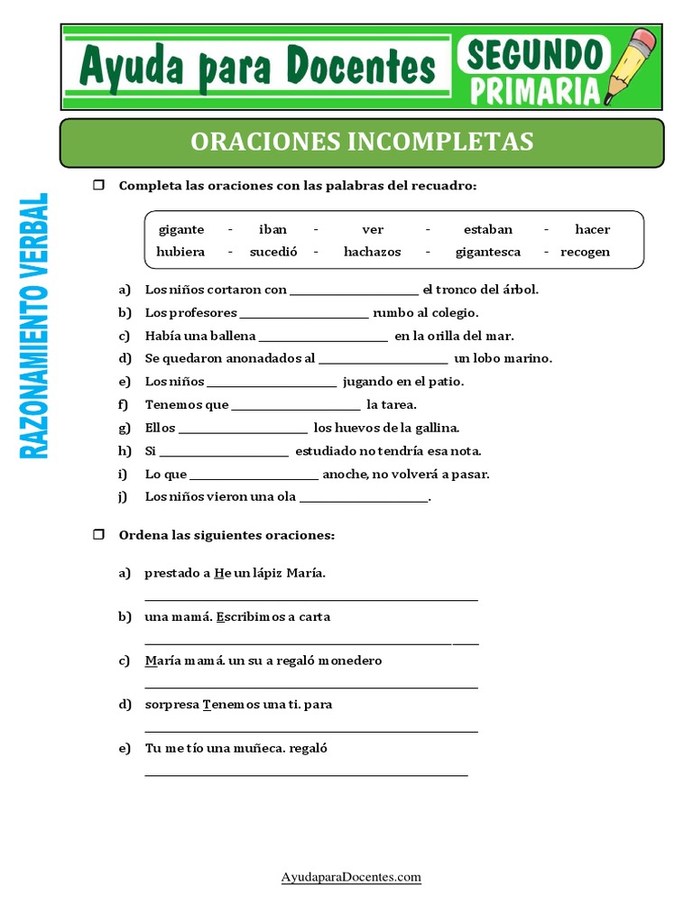 Ejercicios de Oraciones Incompletas para Segundo de Primaria | PDF ...