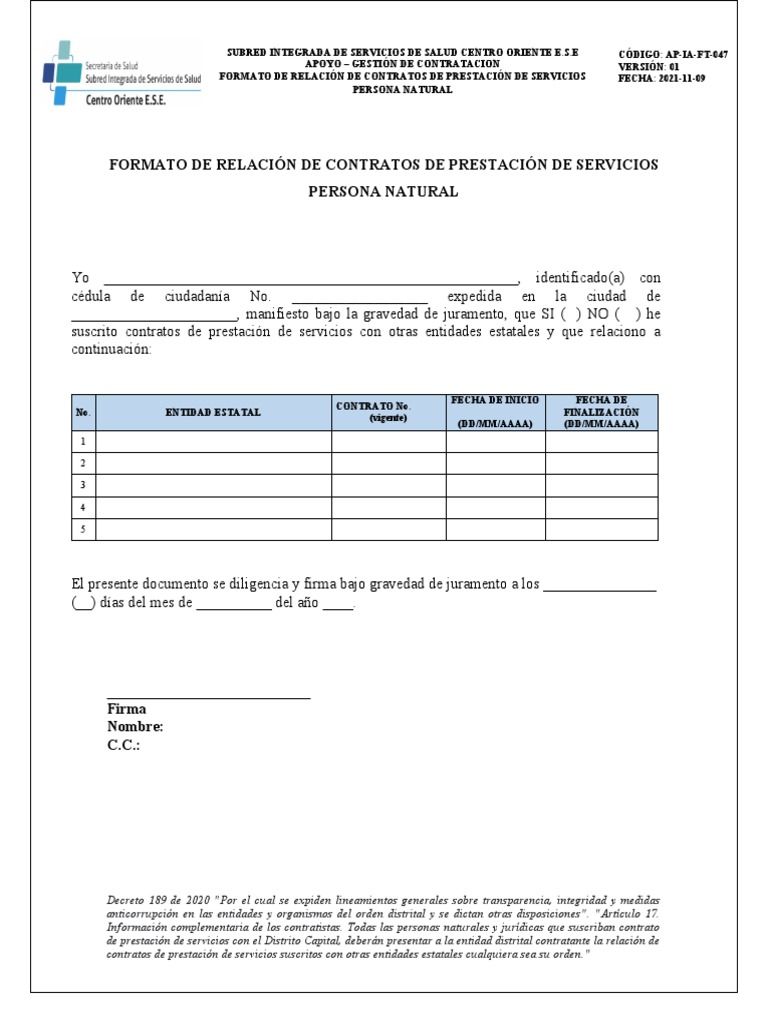 Formato de Relacion de Contratos de Prestación de Servicios Persona Natural | Descargar gratis ...