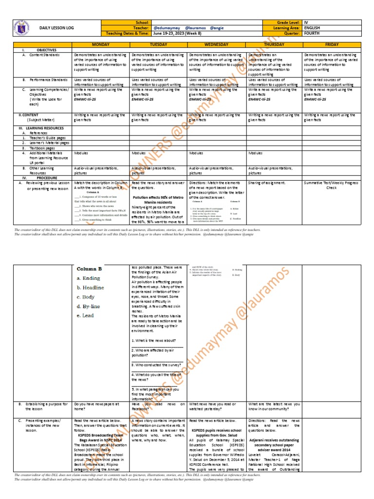 DLL - ENGLISH 4 - Q4 - W8 - Write A News Report Using The Given Facts ...