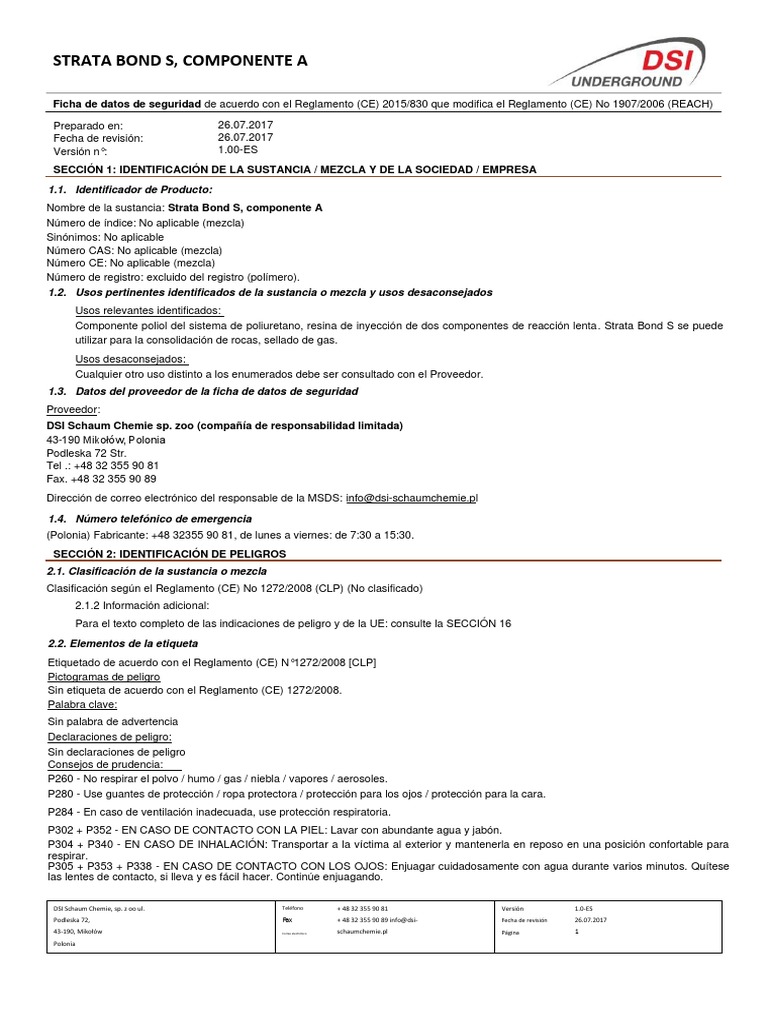 Ficha de Seguridad Strata Bond S, Componente A | PDF | Residuos | Agua