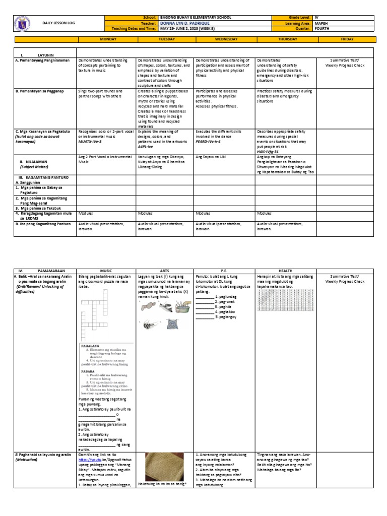 DLL - MAPEH 4 - Q4 - W5 - New@edumaymay@lauramos@angie | PDF | The Arts | Entertainment
