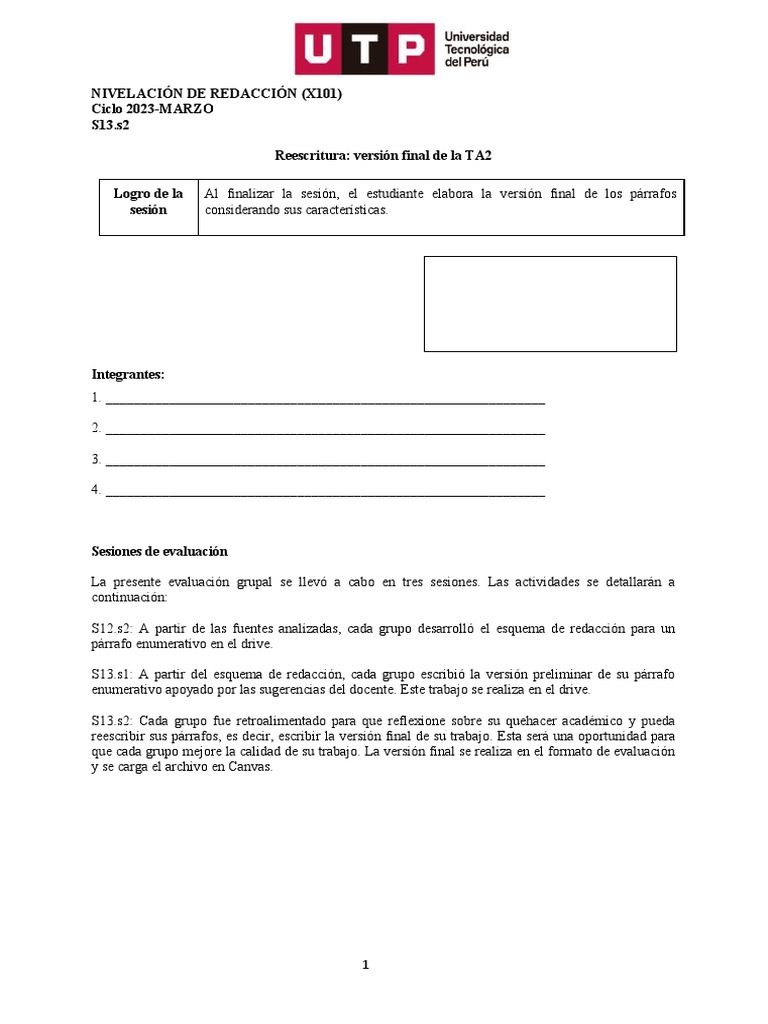 S13.s2 - Reescritura. Versión Final de La TA2 (Formato UTP) | PDF | Ortografía | Ciencia cognitiva