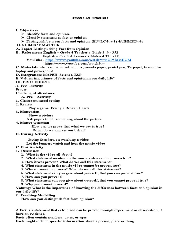Fact vs. Opinion Lesson Plan for Grade 4 | PDF | Lesson Plan | Opinion