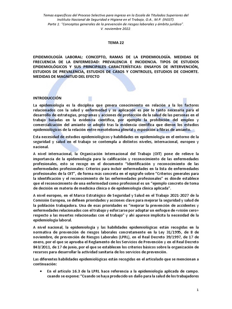 Tema 22. Epidemiología Laboral | PDF | Epidemiología | Estudio de cohorte