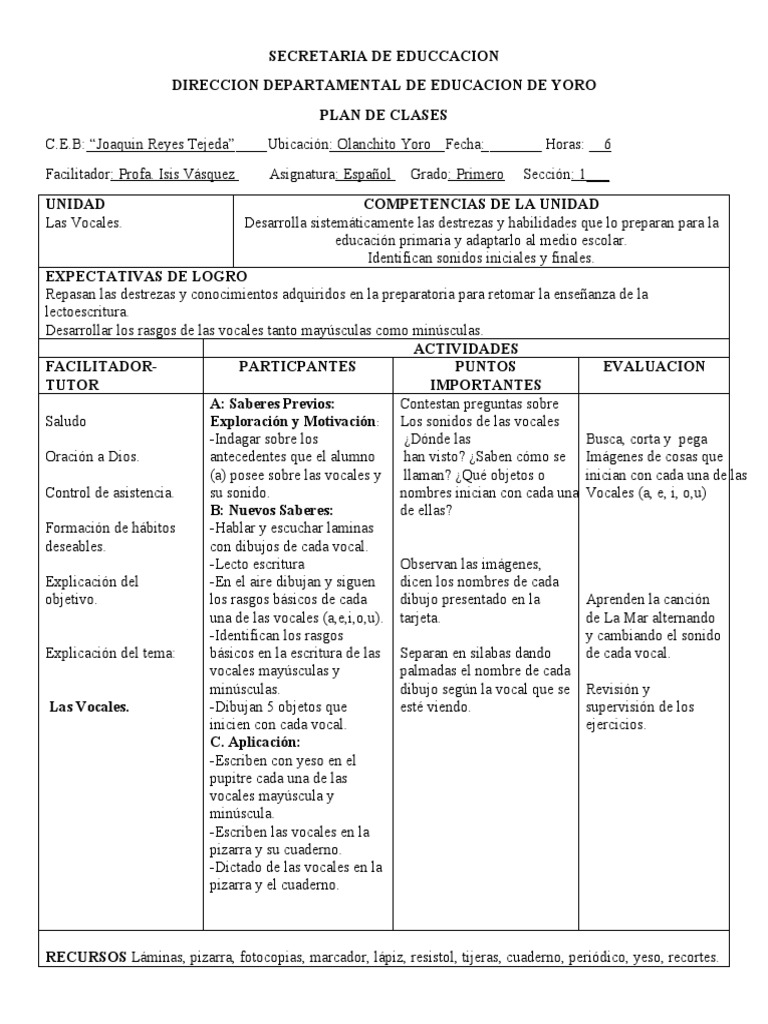 PLAN DE CLASE ESPAÑOL PRIMERO | PDF | Comprensión lectora | Escritura