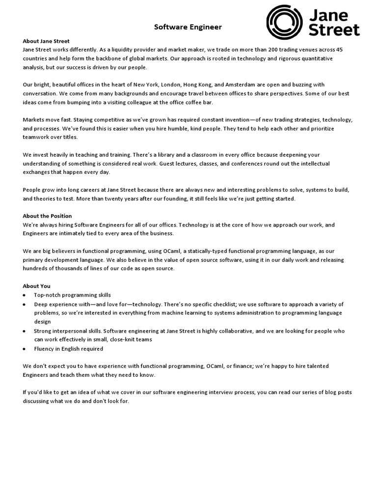 Jane Street - Software Engineer | PDF | Computer Programming | Functional Programming