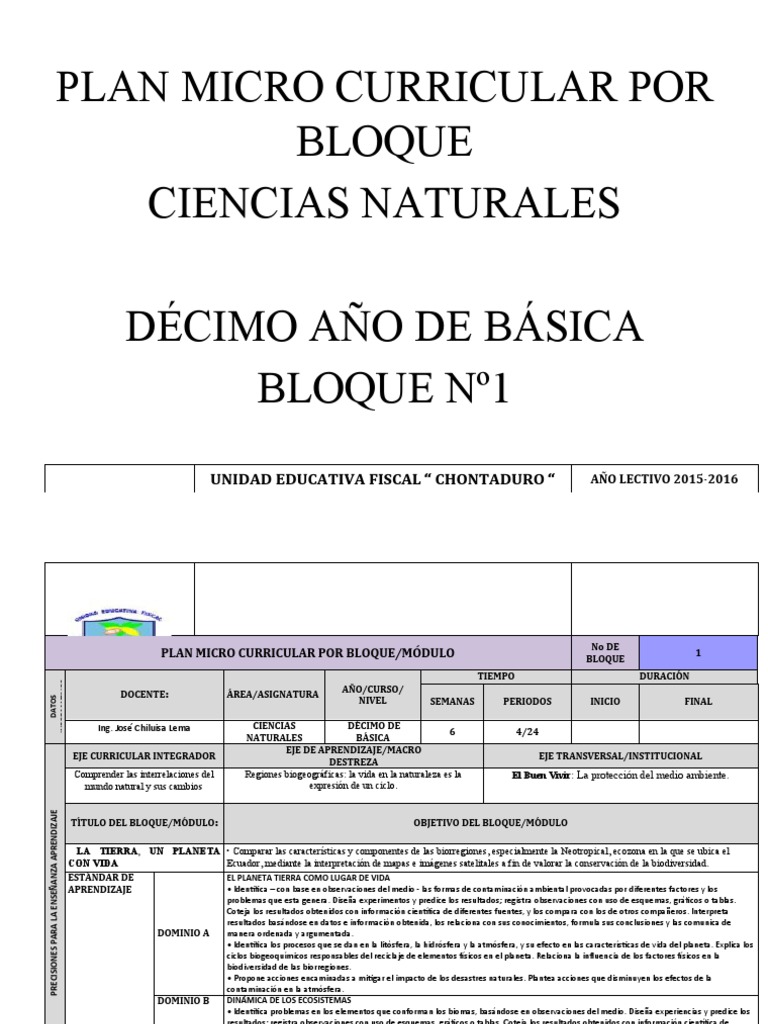 Plan Micro Curricular Por Bloque CCNN 10mo Va Tercero | PDF | Biodiversidad | Placas tectónicas