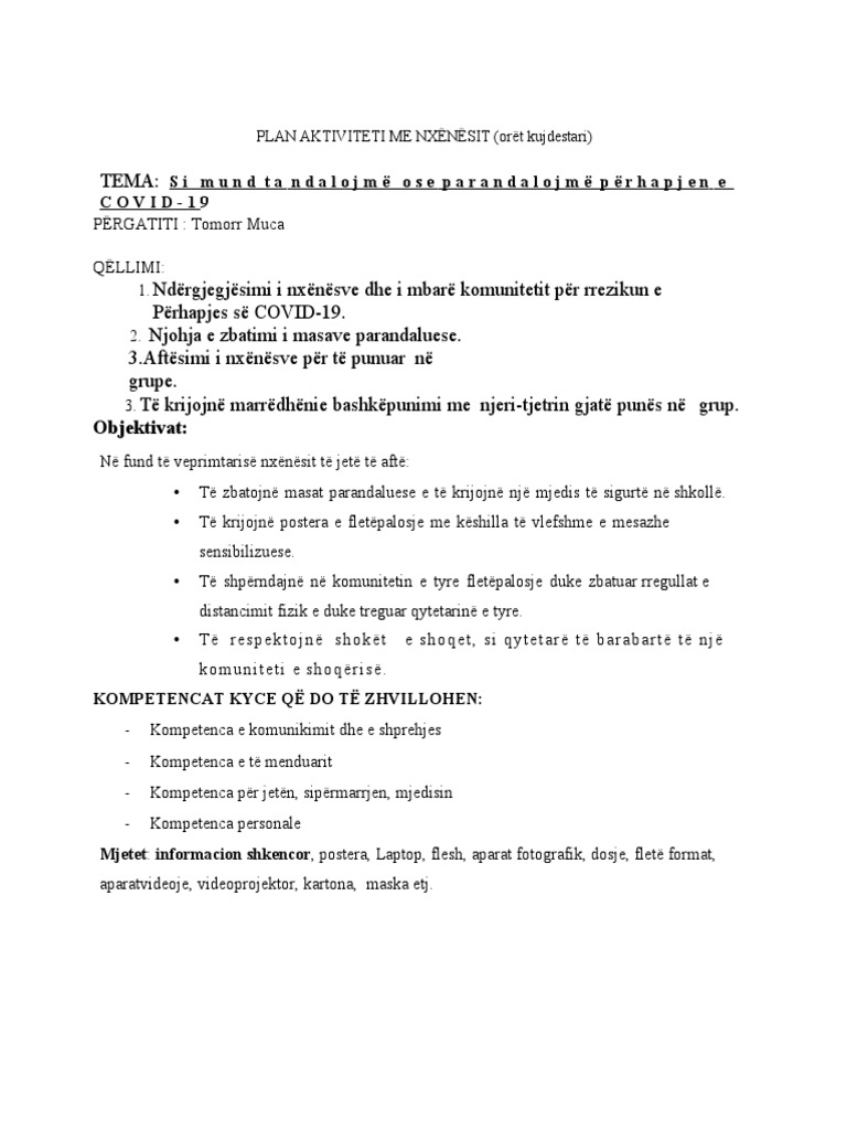 PLAN AKTIVITETI ME NXËNËSIT (Orët Kujdestari) Kovidi | PDF