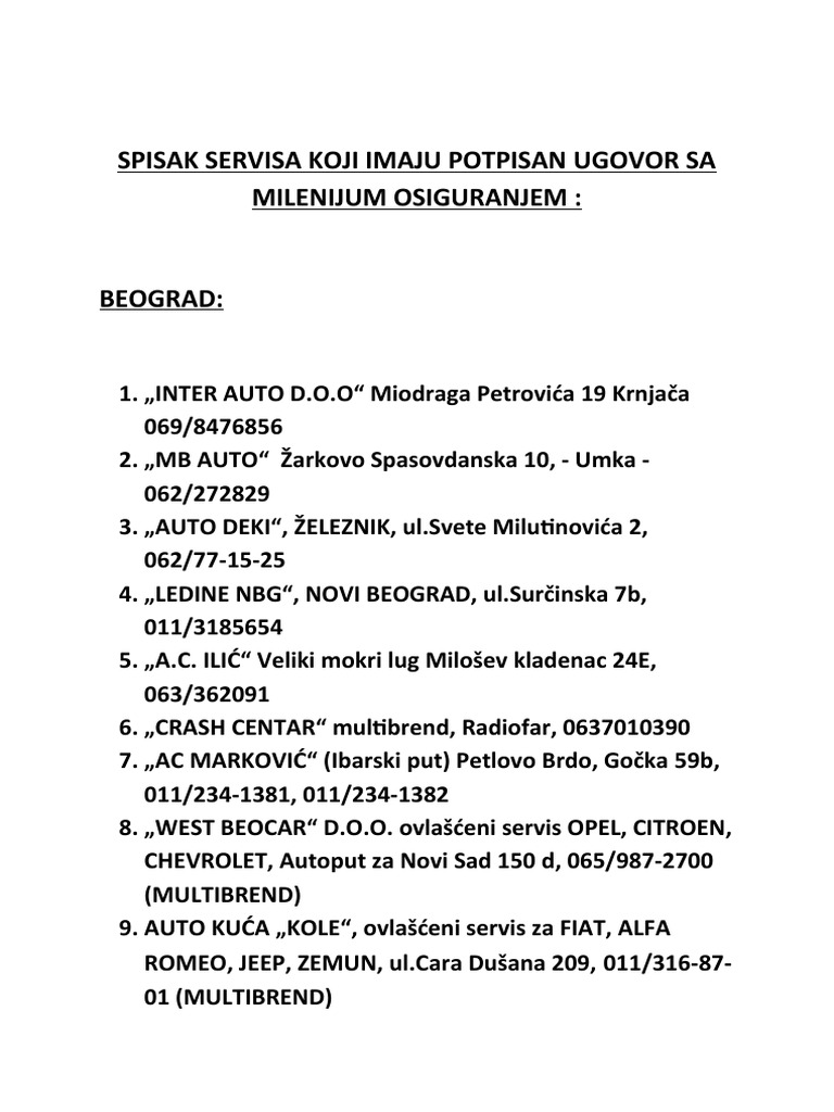 Spisak Servisa 2 | PDF