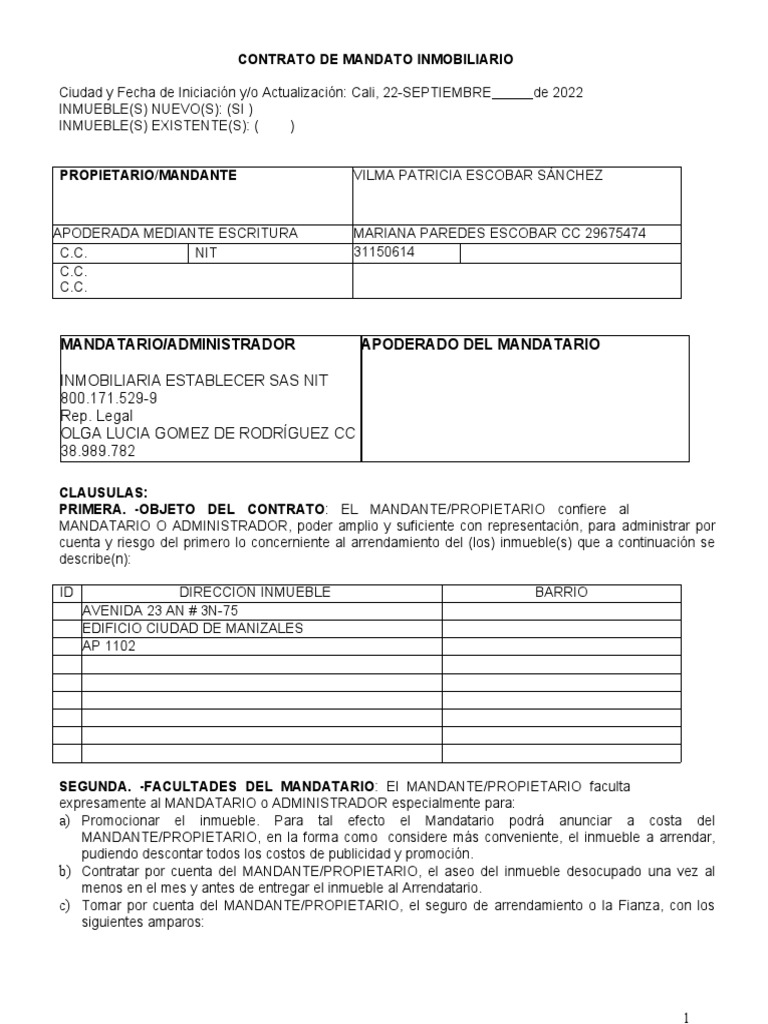 Contrato de Mandato Inmobiliario 2021 | Descargar gratis PDF | Seguro | Daños y perjuicios