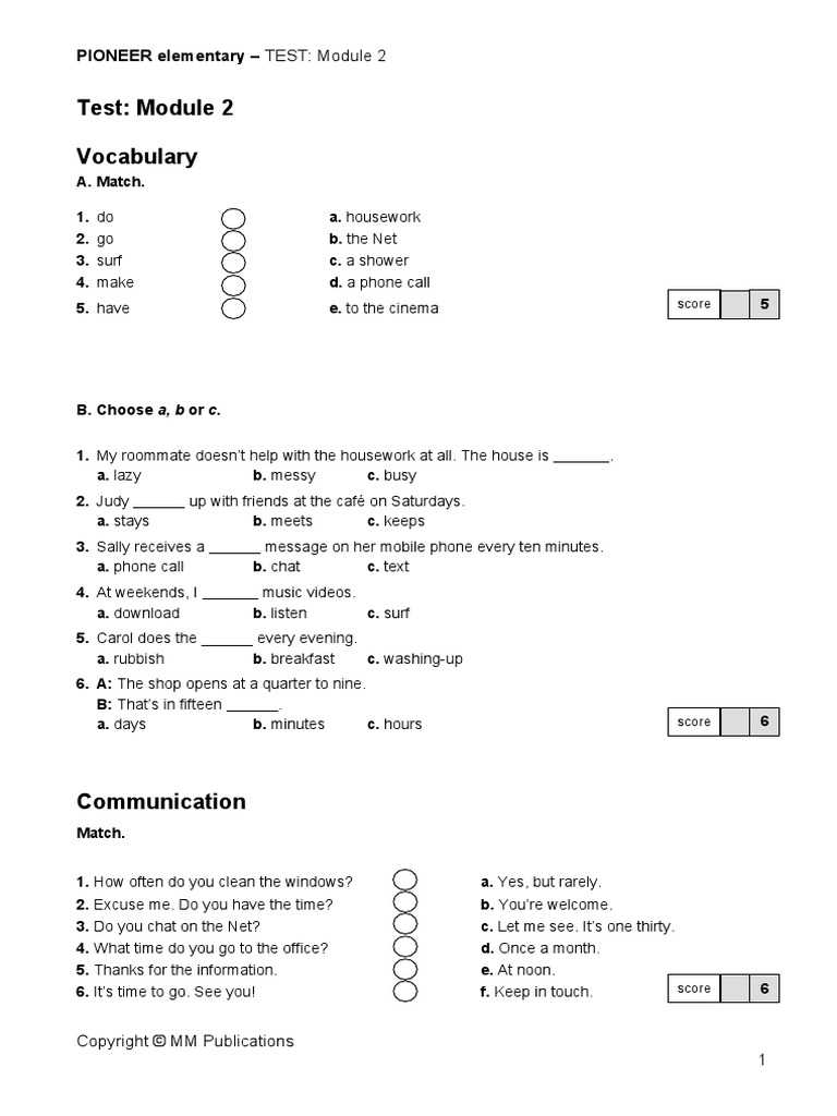 Pioneer Elementary Tests Module 2 | PDF | Workweek And Weekend