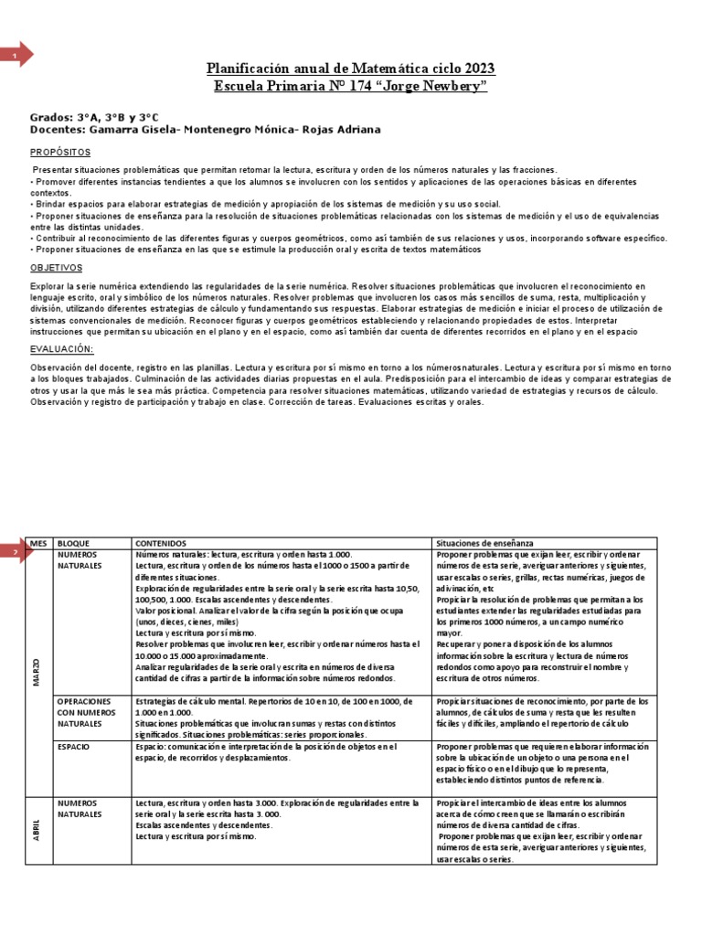 PLANIFICACION ANUAL DE MATEMATICA 3° 2023 Final | PDF | Multiplicación | Números