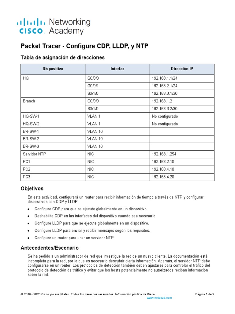 Configuración de CDP, LLDP y NTP en Packet Tracer | PDF | Enrutador ...