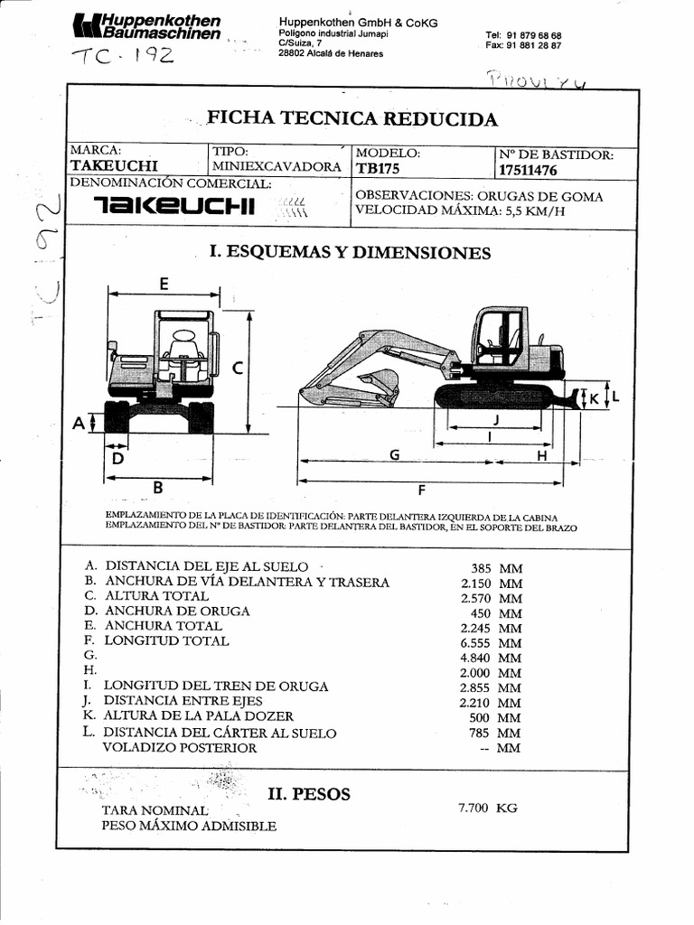 TAKEUCHI 175 FICHA TECNICA | PDF