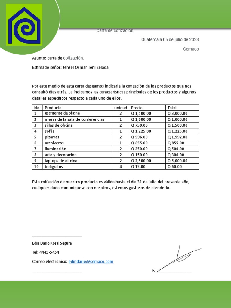 Carta de cotización (mismos 10 productos de oficina) | PDF