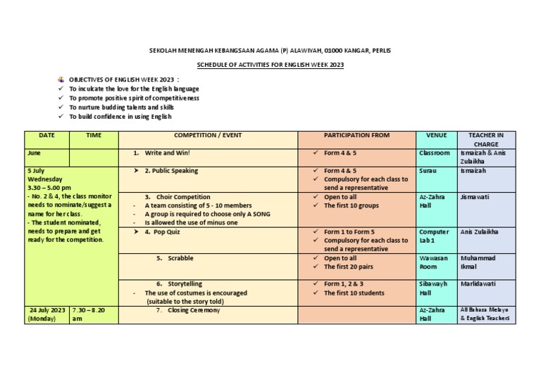 2023 - English Month Schedule of Activities | PDF
