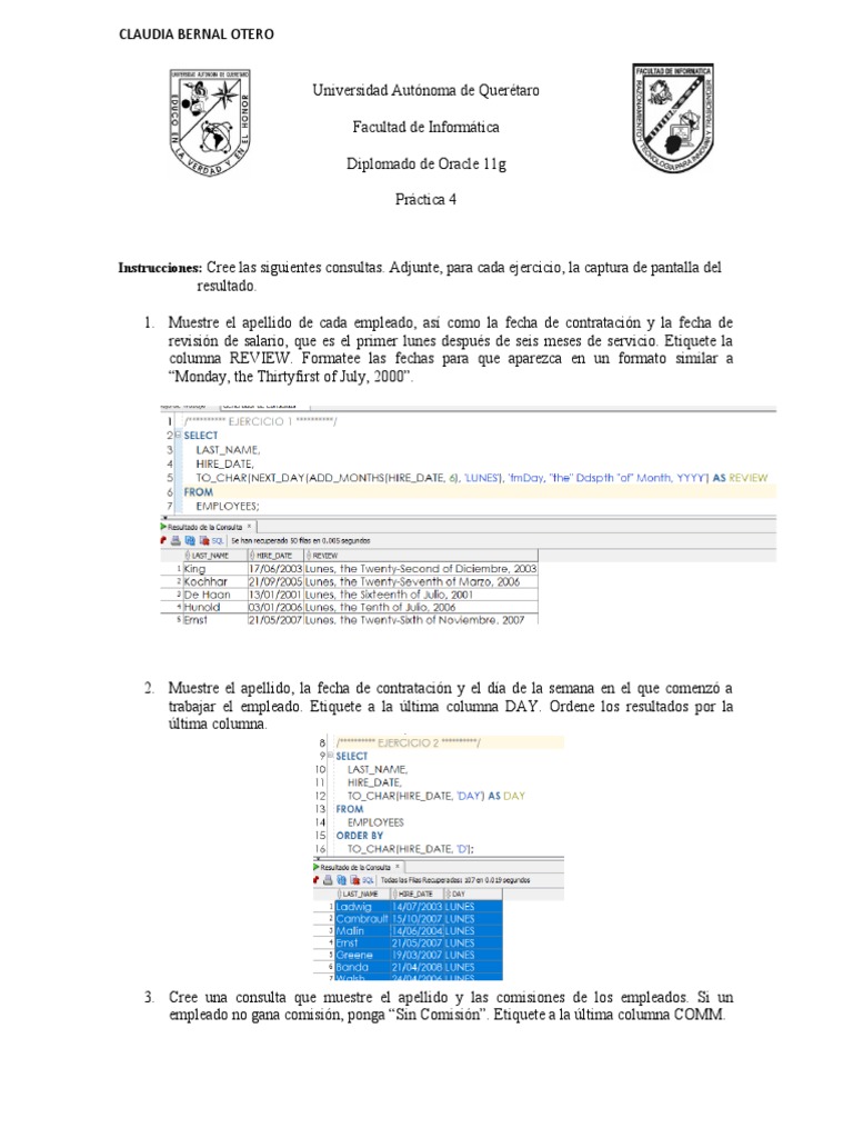Consultas SQL para Empleados en Oracle 11g | PDF