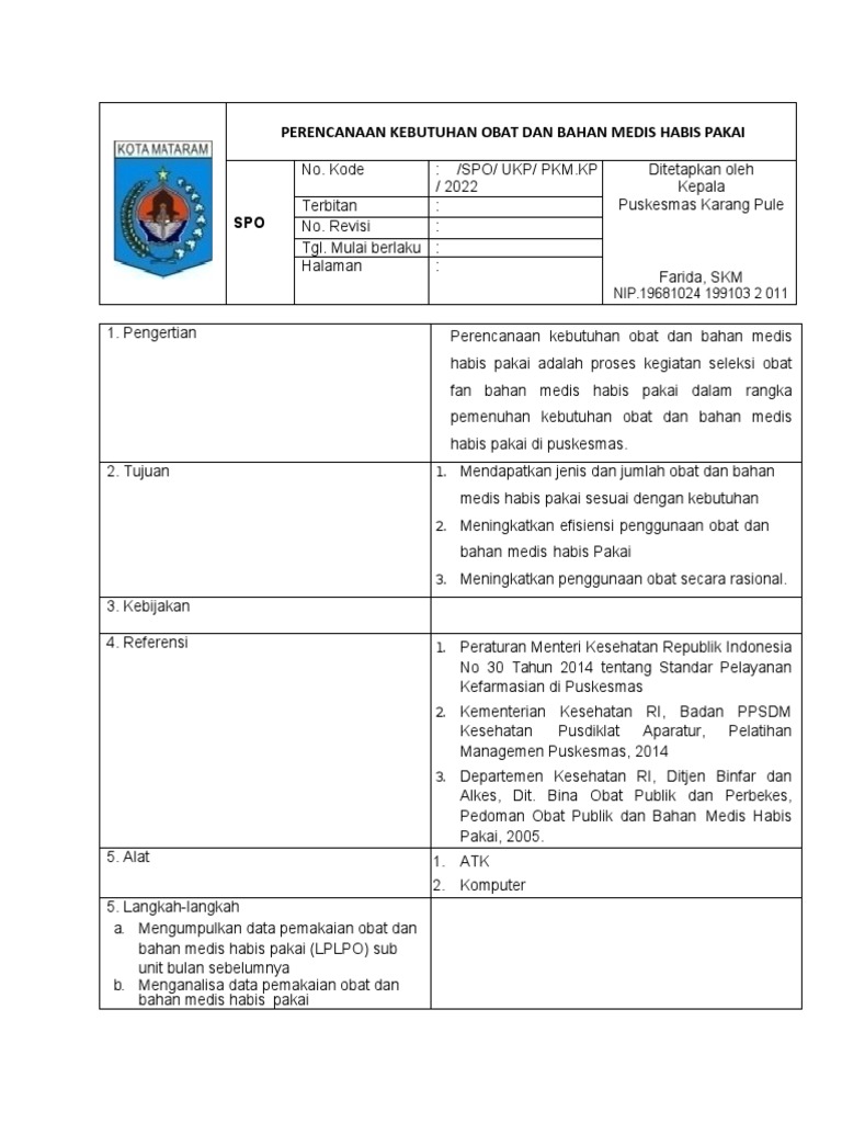 Spo Perencanaan Kebutuhan Obat Dan Bahan Medis Habis Pakai Pdf
