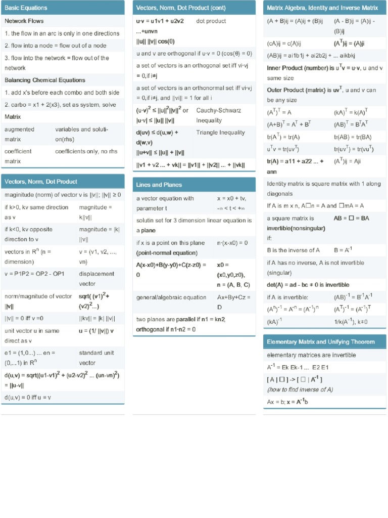 Linear Algebra Cheatsheet | PDF