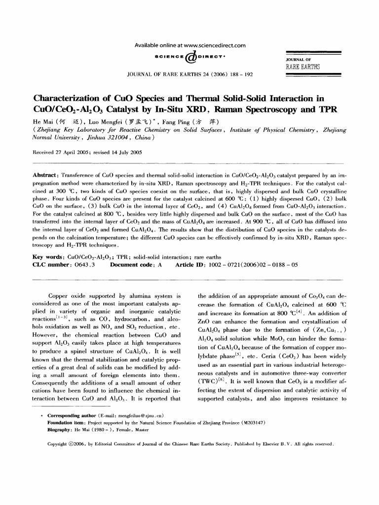 Characterization of CuO Species and Thermal Solid-Solid Interaction in ...