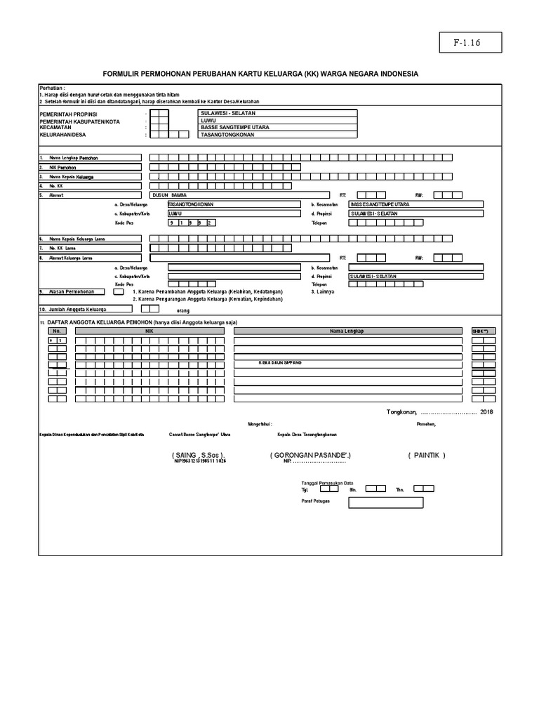 Formulir Permohonan Perubahan Kartu Keluarga (KK) Warga Negara ...