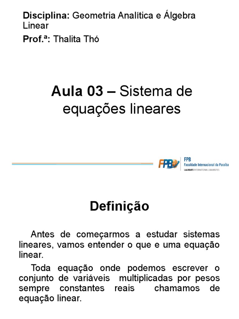 Aula 03 - Sistemas de Equações Lineares | PDF | Equações | Sistema de ...