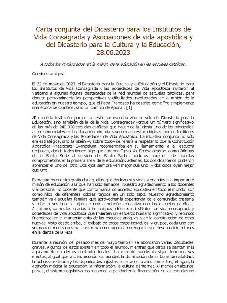Carta Conjunta Del Dicasterio para Los Institutos de Vida Consagrada y Asociaciones de Vida ...