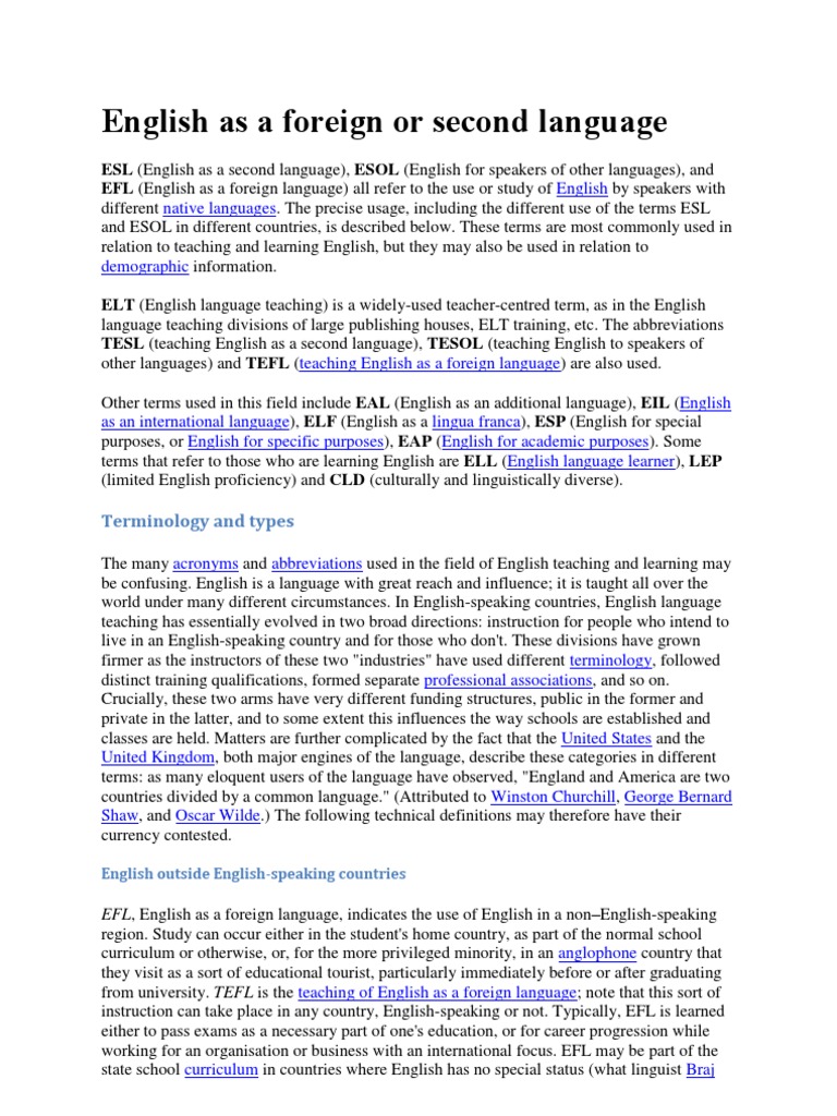 Understanding ESL and EFL Terminology | PDF | English As A Second Or ...