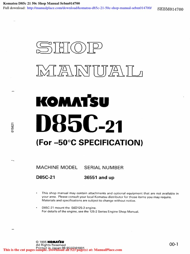 Komatsu d85c 21 50c Shop Manual Sebm014700 | PDF